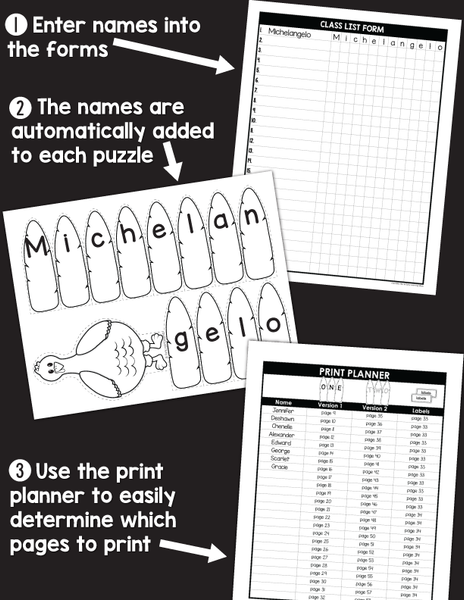 Editable Name Practice Puzzles - Thanksgiving Turkey Name Puzzles ...